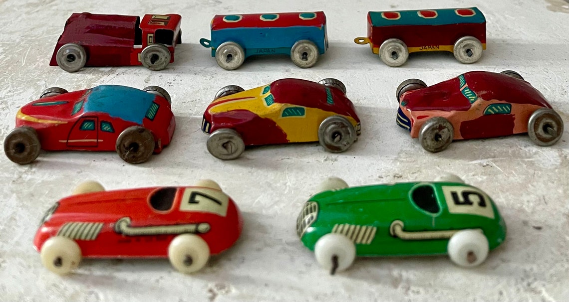 Vintage 1950s Micro Mini Tin Toy Car & Train Set - Biller Penny Toy ...