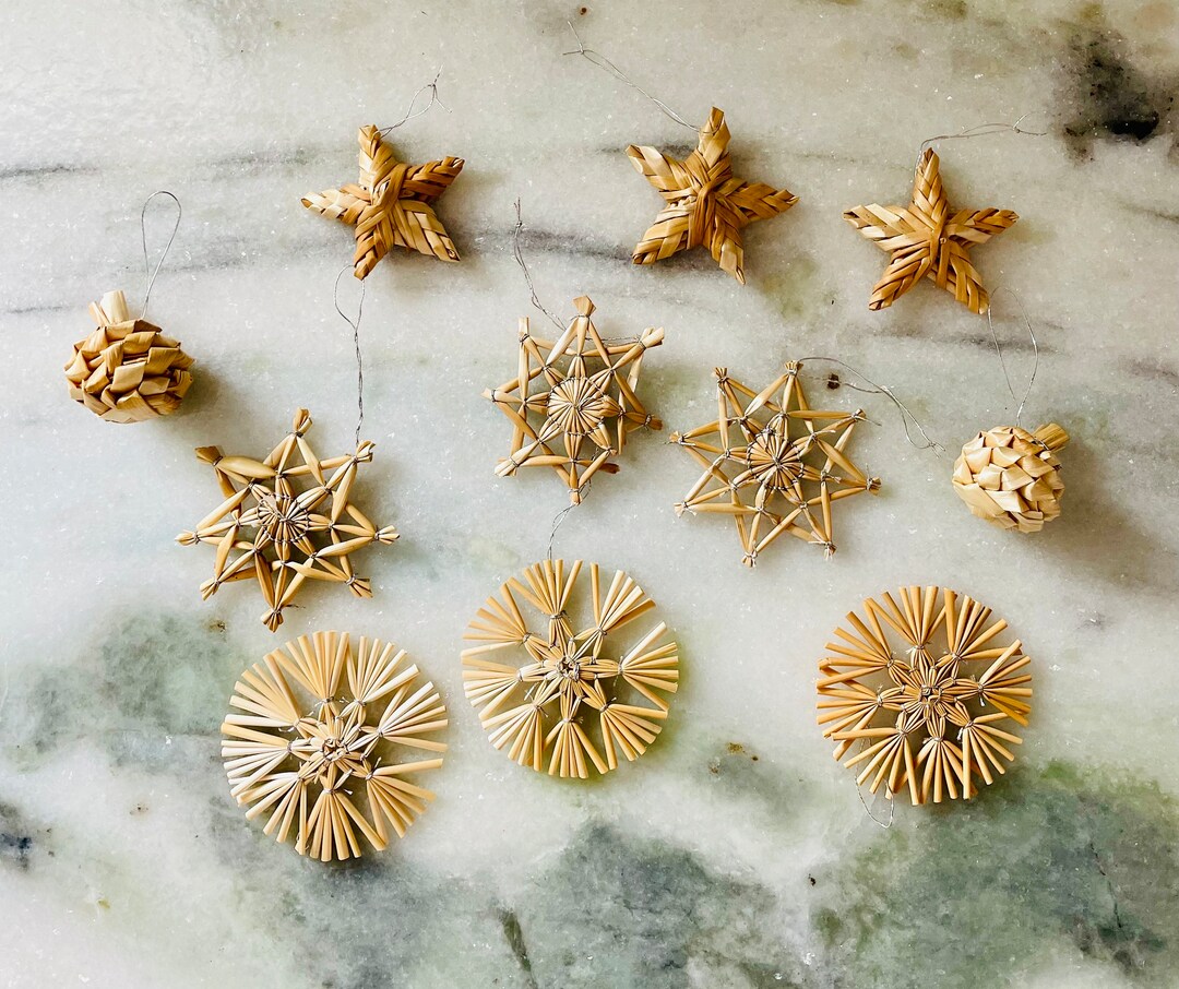 Vintage Christmas Tree Ornaments / 11 Handmade Wicker Rattan Straw ...