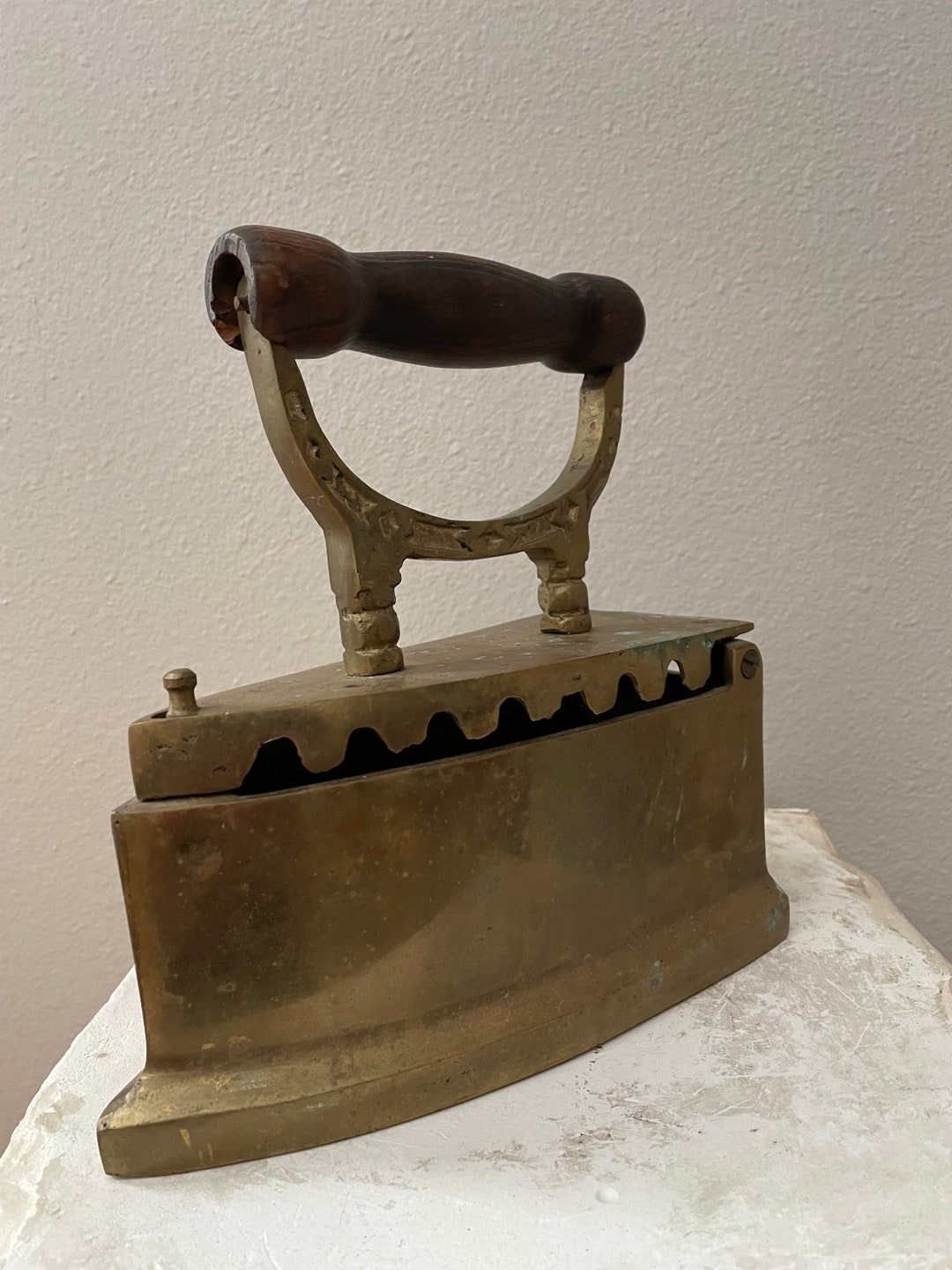 Antique Solid Brass Coal Iron With Wooden Handle / Vintage Coal Fueled ...