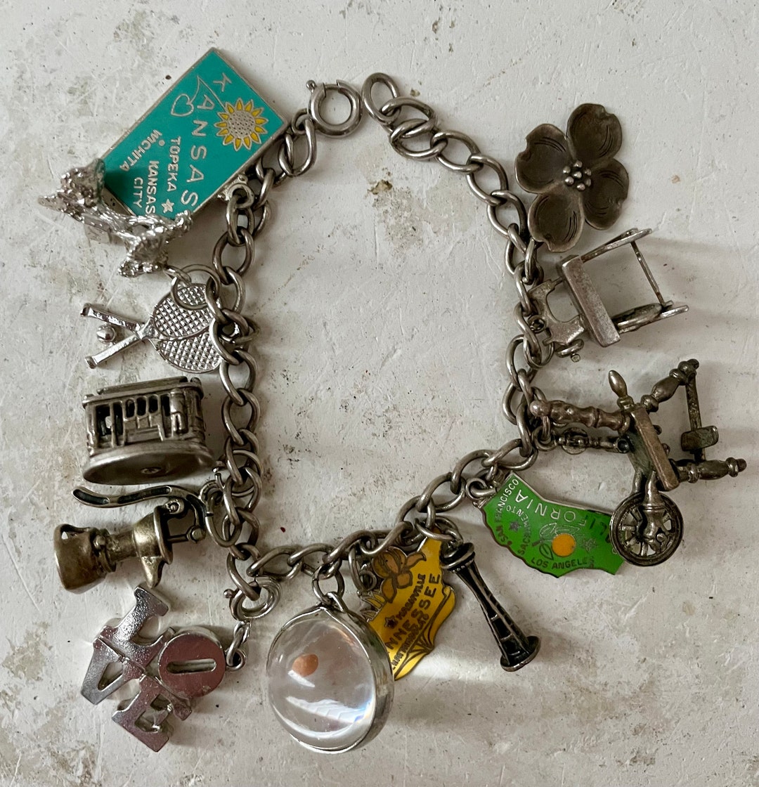 Vintage 1970s Sterling Silver Charm Bracelet Vintage Jewelry / 13 Charm ...