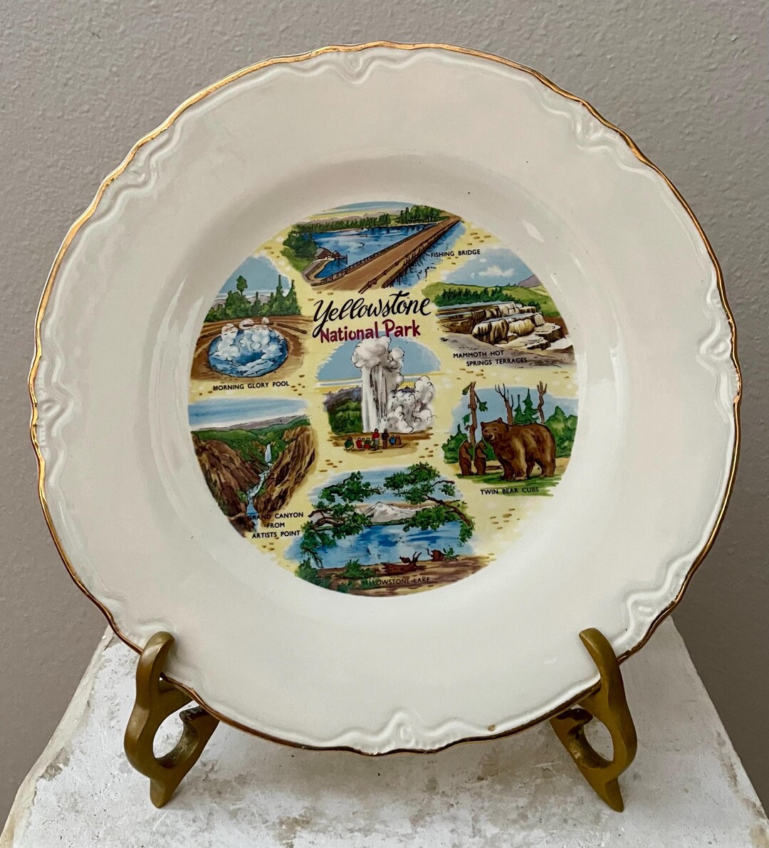 Vintage Yellowstone National Park State 9” Decorative Gold Rimmed Plate ...