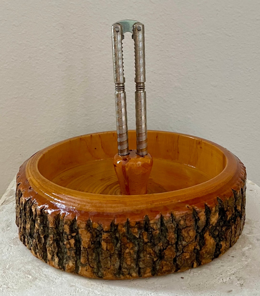 Mid-century Modern Nut Cracker Set / Vintage Rustic Tree Trunk Bowl ...