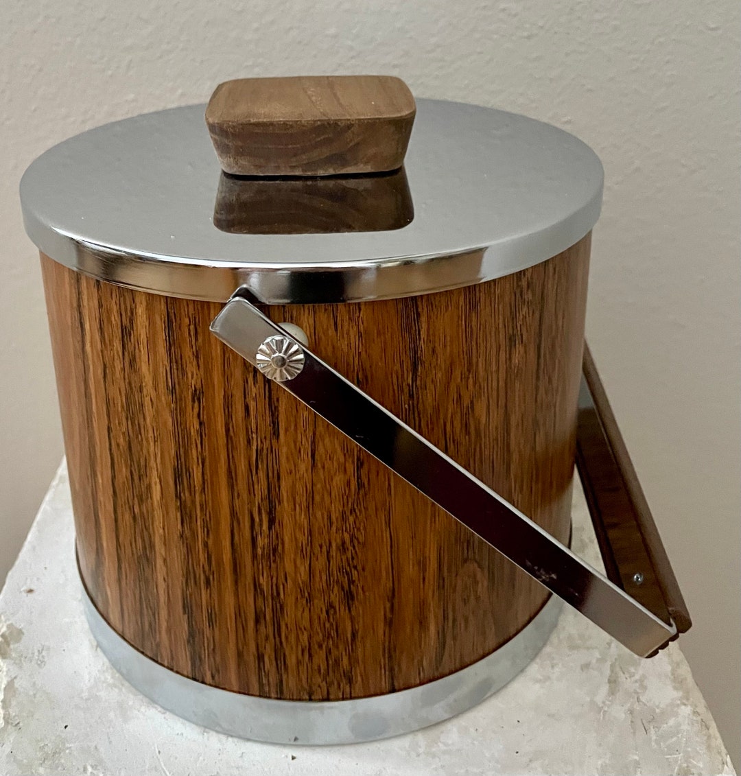 Vintage Kromex Ice Bucket / MCM Wood & Chrome Exterior With White ...