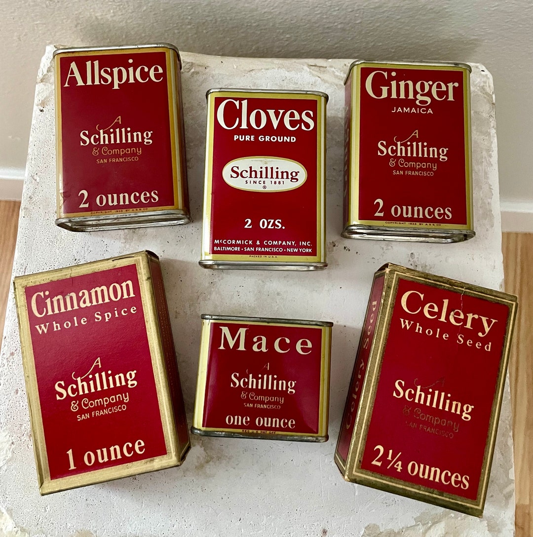 6 Vintage Schilling & Company Kitchen Spices / Red Tins and Boxes ...