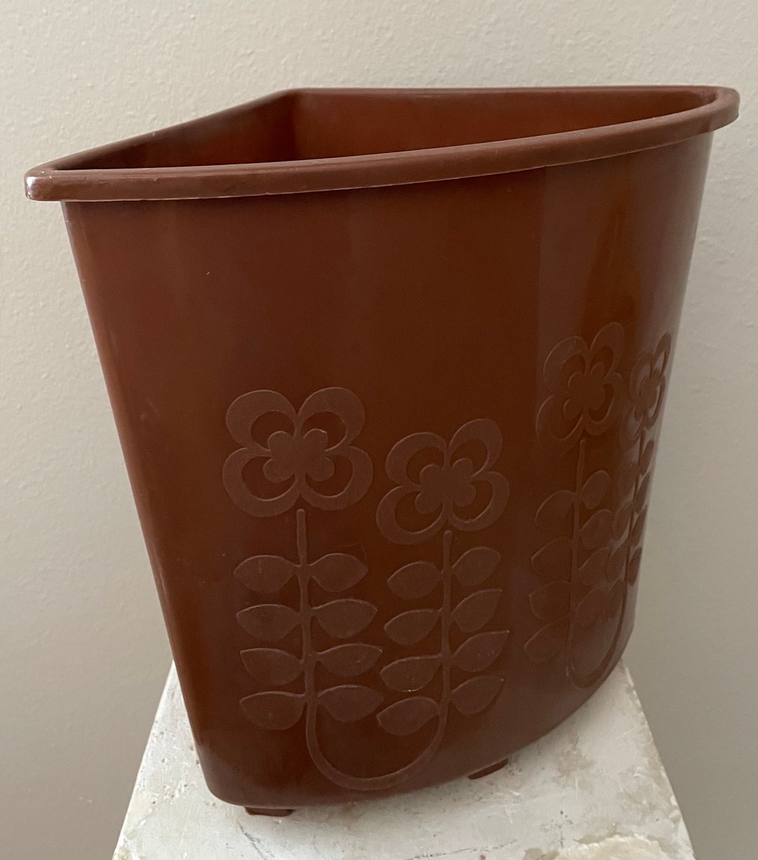 Vintage Brown Floral Corner Trash Can / Retro Triangle Vanity Garbage ...