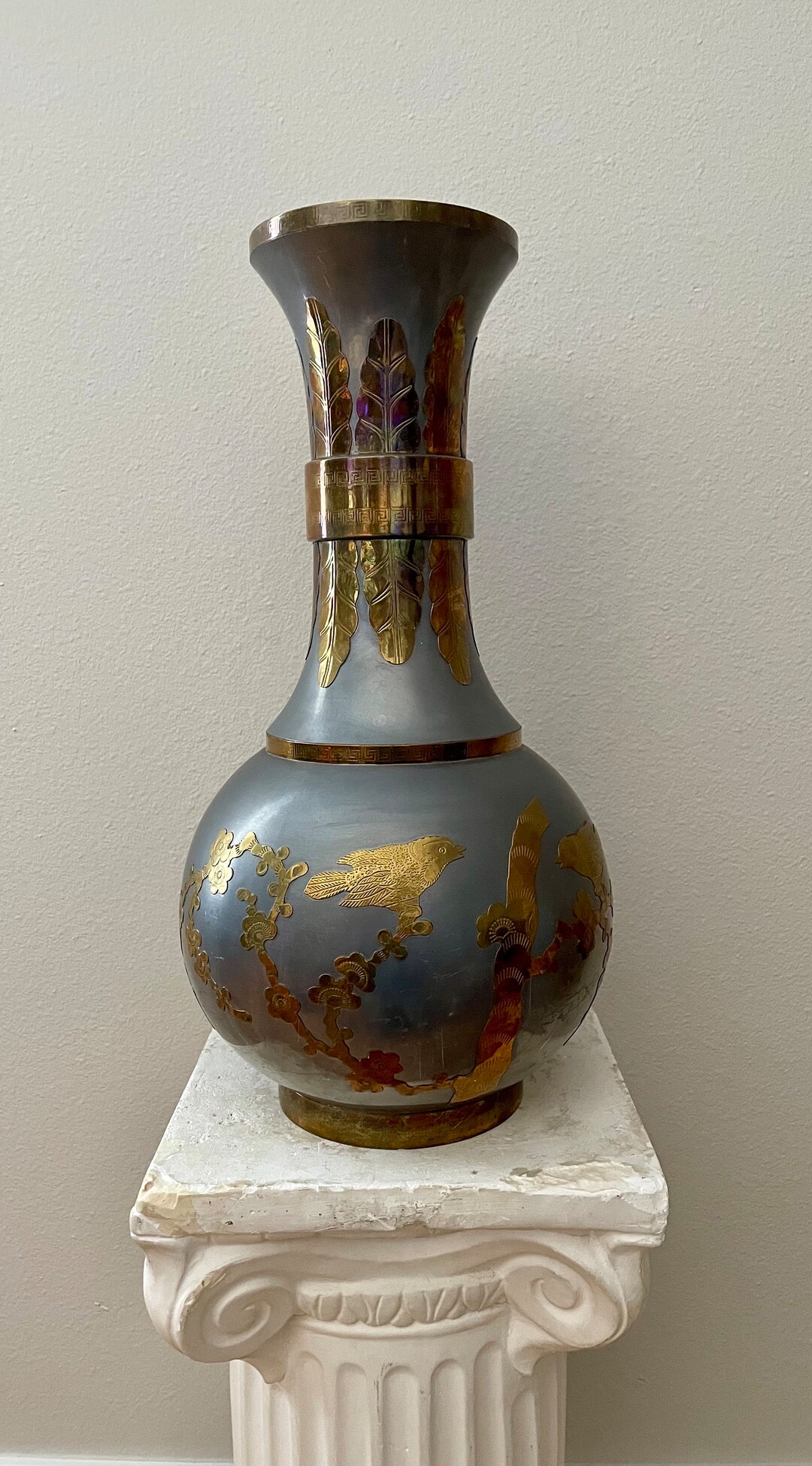 Vintage Pewter Vase: Brass Inlay, Cherry Blossom & Birds, Mantel Urn - Etsy