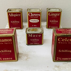 6 Vintage Schilling & Company Kitchen Spices / Red Tins and Boxes ...
