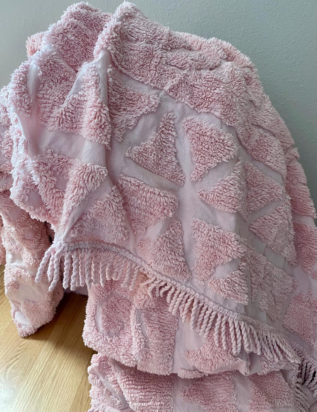 Vintage King Pink Floral Chenille Bedspread / Mid Century Modern Heavy ...