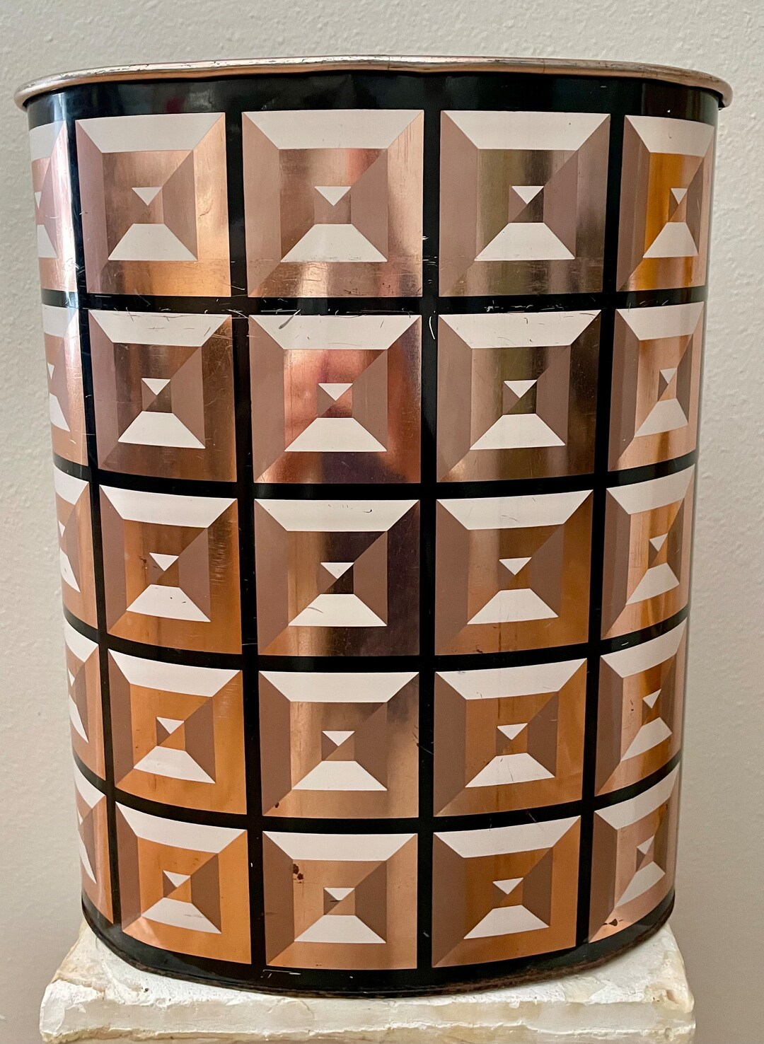Mid Century Modern Metal Geometric Coppertone Black Pink Squares Trash ...