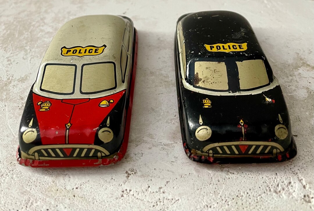 Set of 2 Vintage Tin Toy Police Cars / Red & Black / 1950s / Vehicle ...