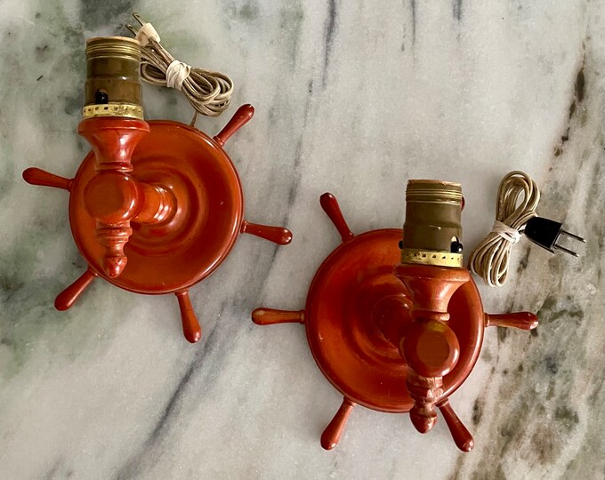 Vintage Set of 2 Wooden Ship Wheel Wall Sconces / Nautical Lamp / Wall ...
