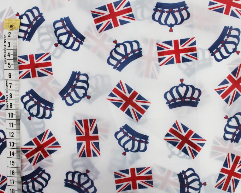 Little Johnny Union Jack Flags and Crowns Polyester Fabric by Metre ...