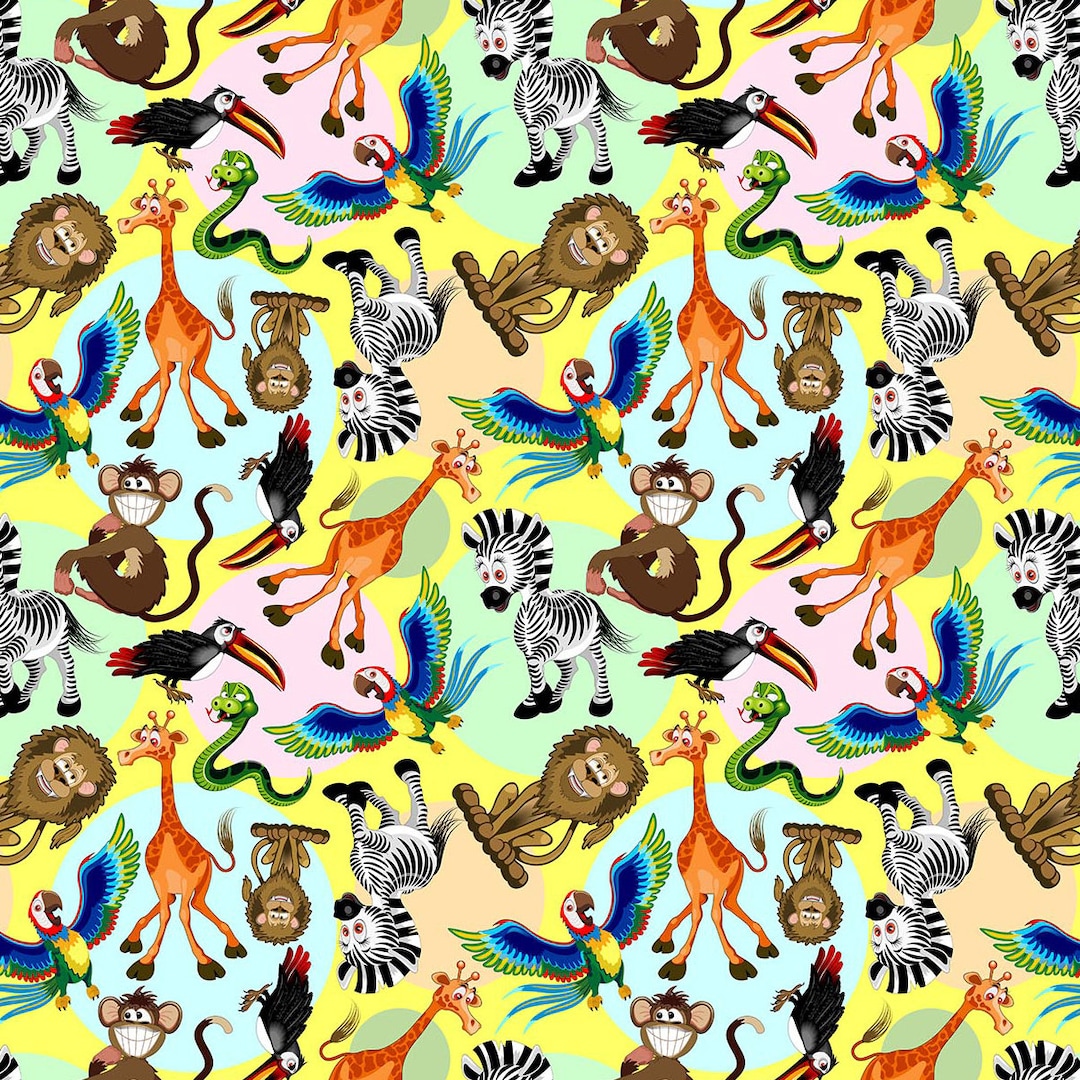 Jolly Jungle Wild Cartoon Zoo Animals Fabric 140cm Wide Crafty Cottons ...