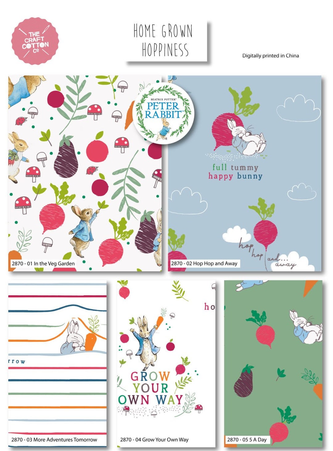Beatrix Potter Peter Rabbit Home Grown Hoppiness Fabric 112cm Wide (100 ...