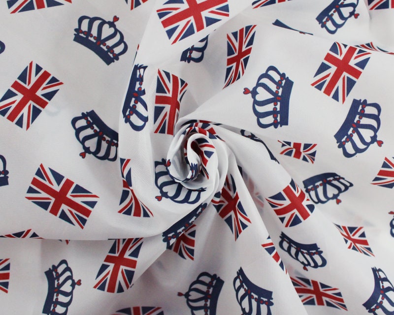 Little Johnny Union Jack Flags and Crowns Polyester Fabric by Metre ...