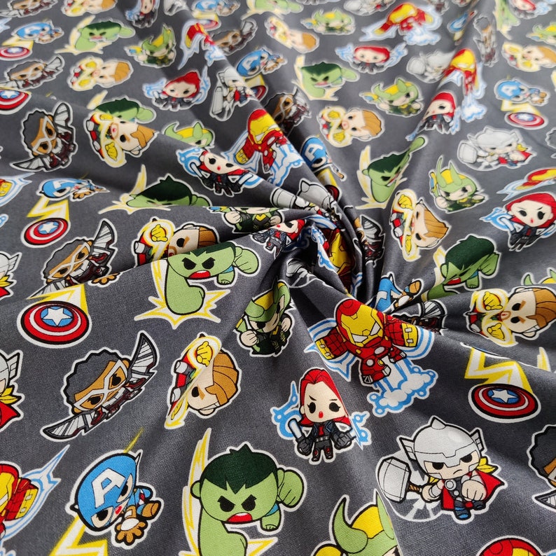 DC Comics Fabric - DC Comics Heroes Kawaii Grey 100% Cotton (ideal for ...