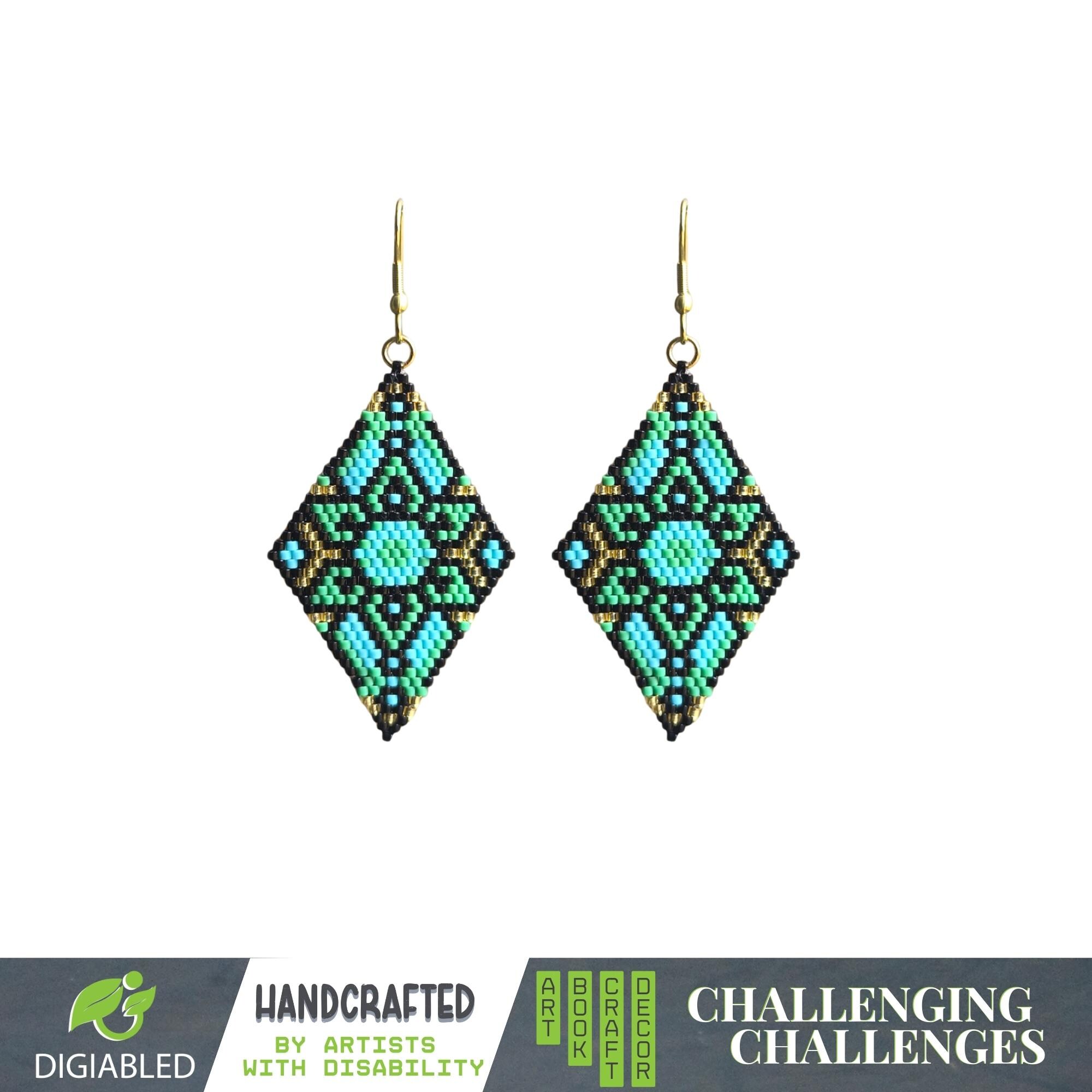 Handcrafted Geometric Brick-stitch Earrings in Green and Blue - Etsy