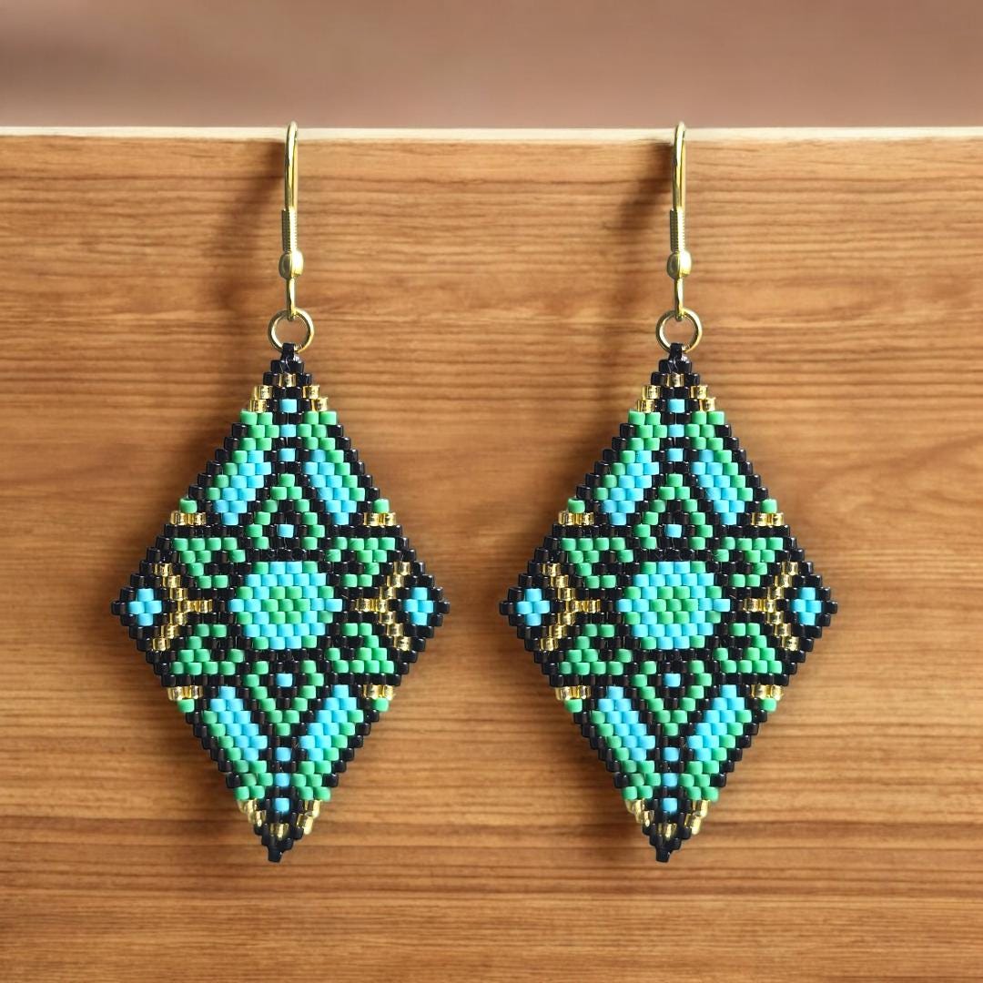 Handcrafted Geometric Brick-stitch Earrings in Green and Blue - Etsy