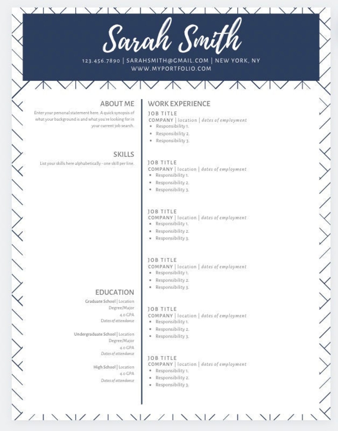 Modern Navy Resume Template - Etsy