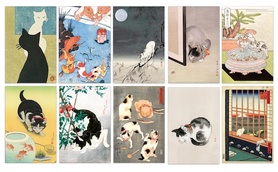 Japanese Cat Print Postcards Antique Postcards Japan Cat Art - Etsy