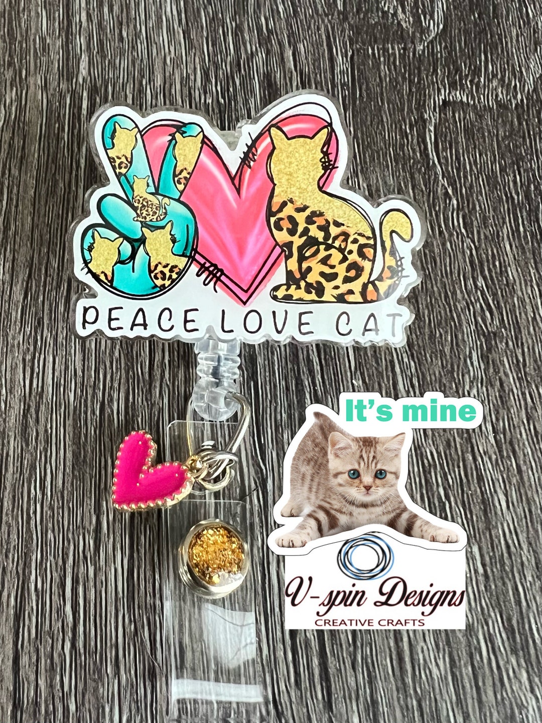 2 Acrylic, Peace Love Cat, Retractable Badge Reel/id Holder/card Holder ...