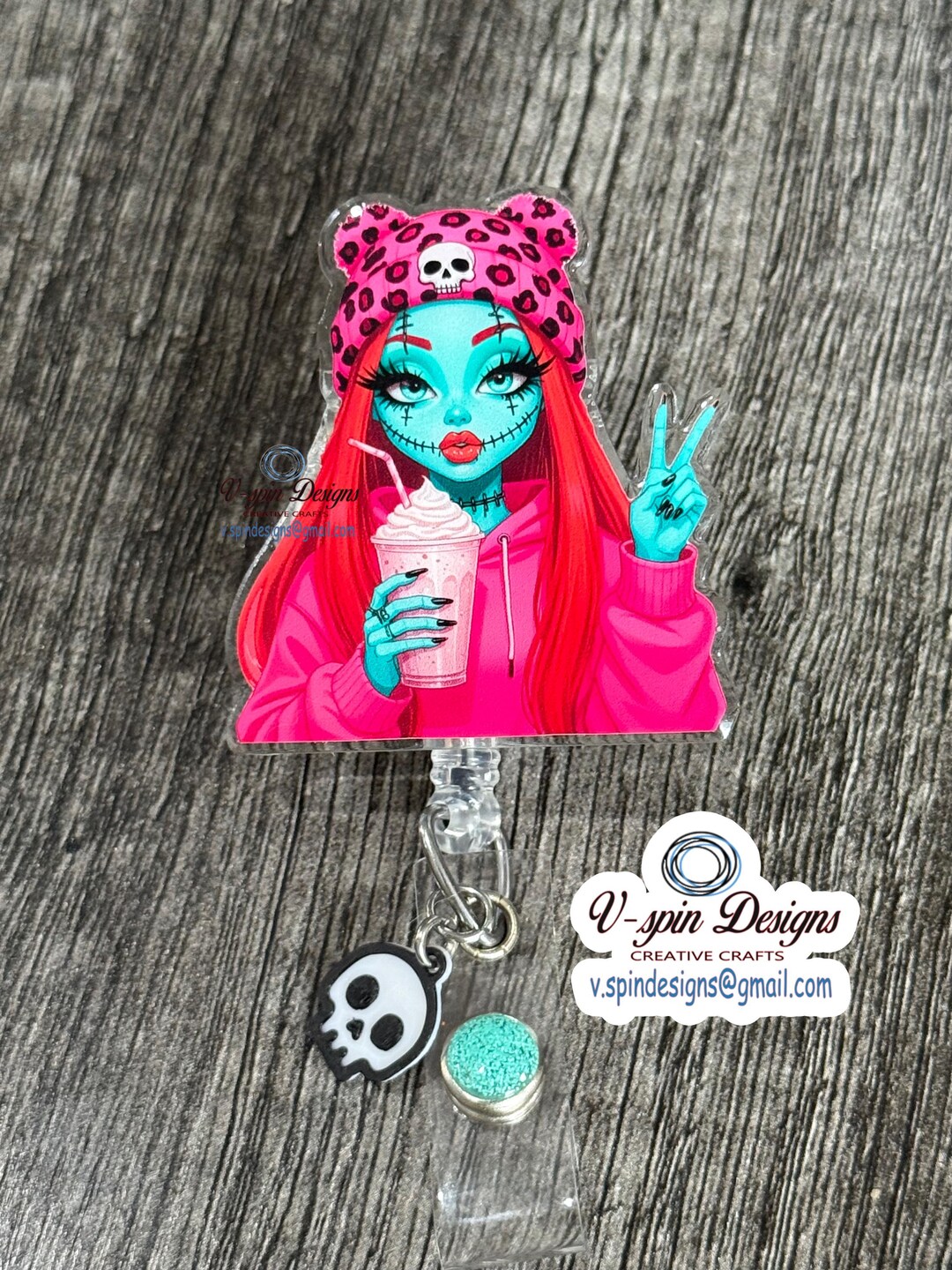 Acrylic- Zombie Girl Badge Reel: Halloween Charm, Matching Glitter Snap ...