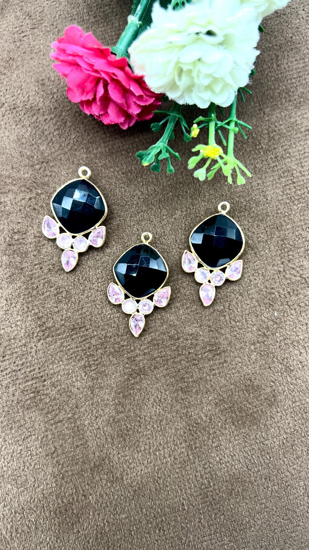 Black Onyx Connector With Light Pink Zirconia | Gold Bezel Connector ...