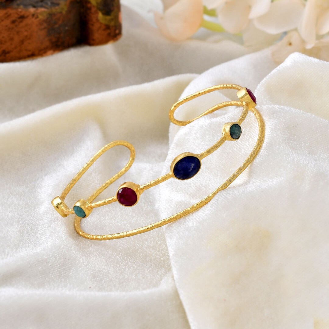 Multi Gemstone Bangle/handmade Bangle/hoop Bangle/matte Bangle/vermeil Emerald Bangle/gold ...