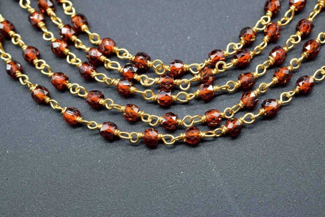 Garnet 3mm Beaded Chain,garnet Rosary,gold Plated Wire Wrap Chain,brass ...