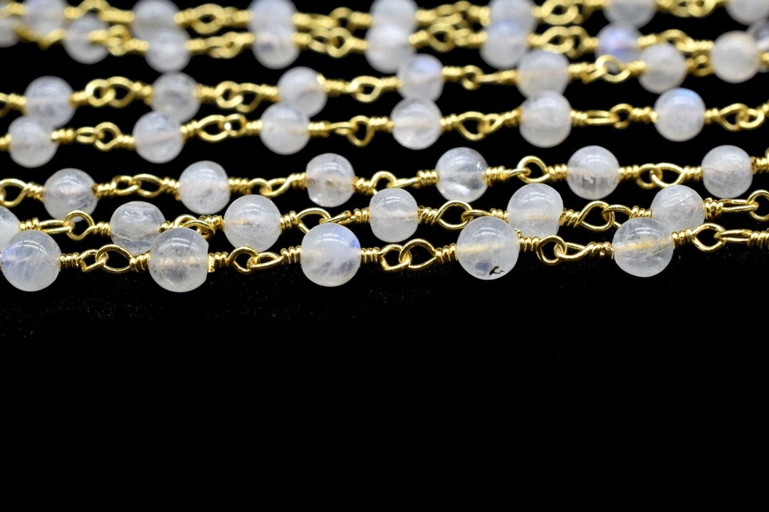 Moonstone 4mm Round Beaded Chain,rainbow Moonstone Gold Rosary Chain ...
