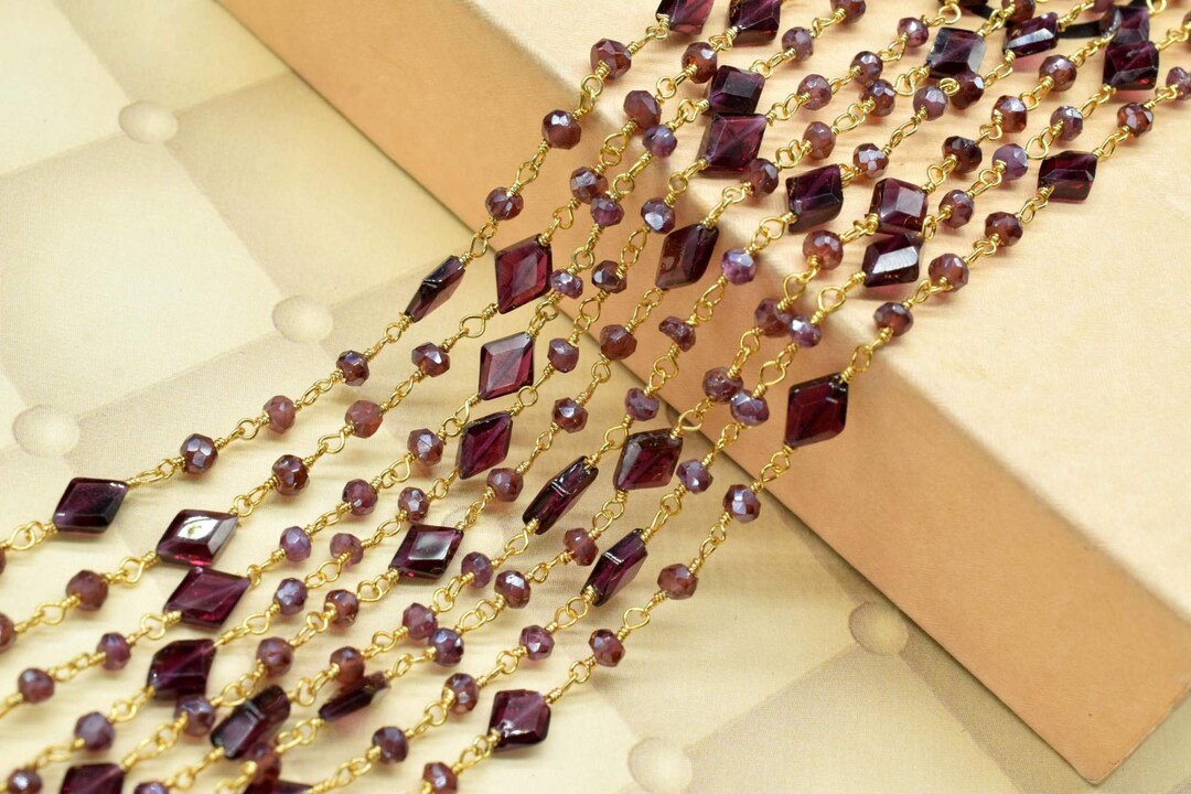Garnet 3mm Beaded Chain,garnet Rosary,gold Plated Wire Wrap Chain,brass ...