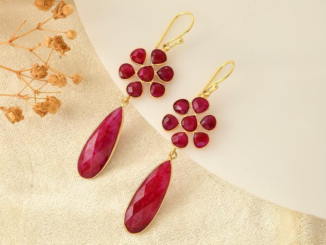 Natural Ruby Dangle Earring/gold Plated Earring/bridal Earring/handmade ...