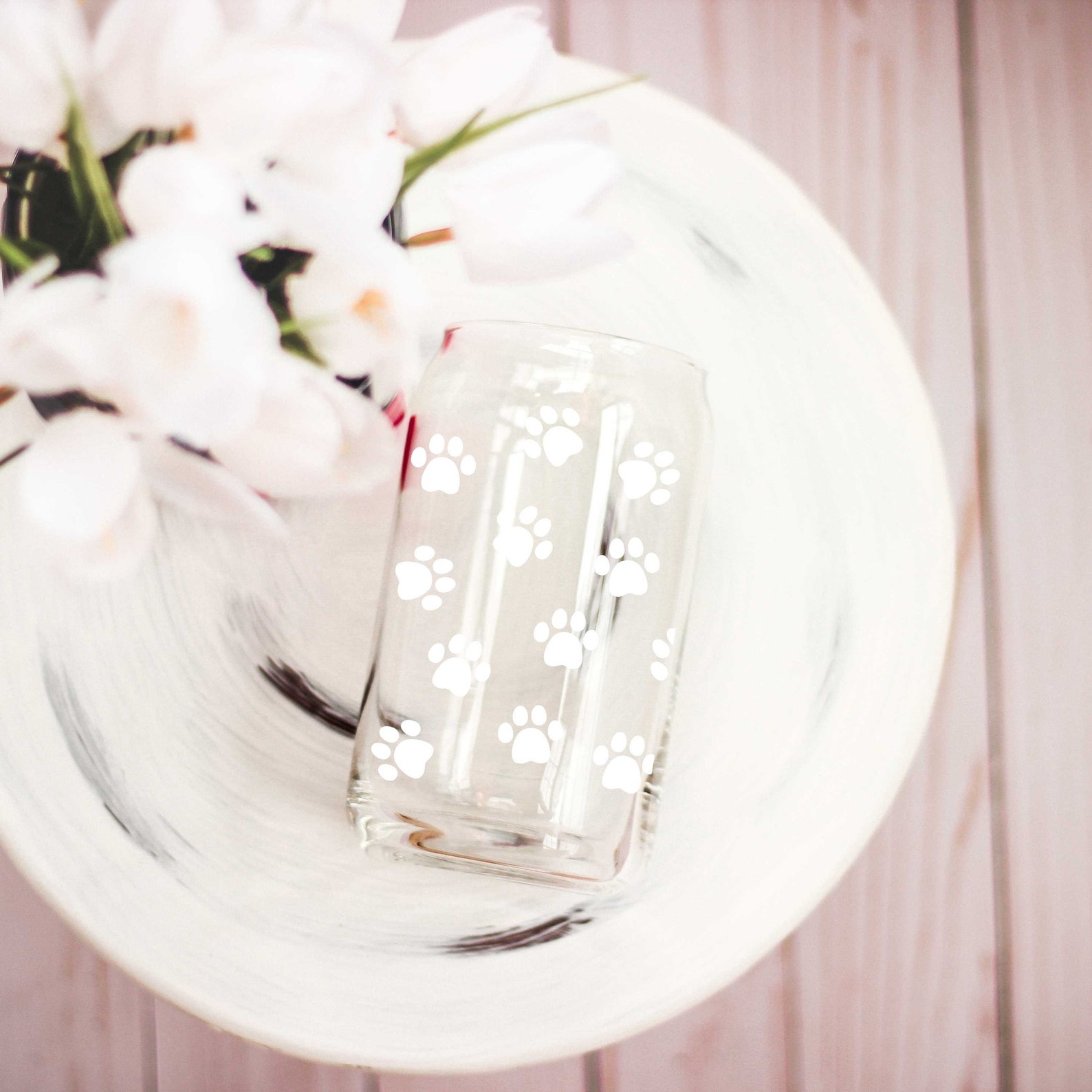 Dog Paw Print Glass Cup With Bamboo Lid and Glass Straw 16 Oz - Etsy