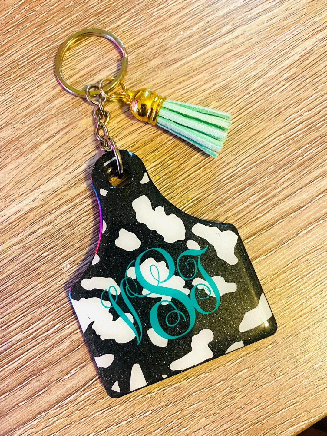 Cow Ear Tag Keychain, Monogram Cow Ear Tag Keychain, Keychain, Resin ...