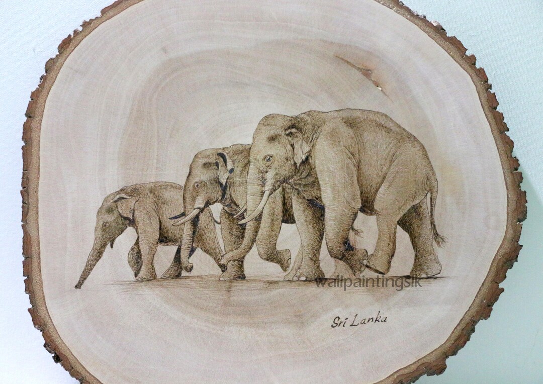 Handmade Wood Burn Elephants Family,pyrography Art,elephants,wood Burn ...