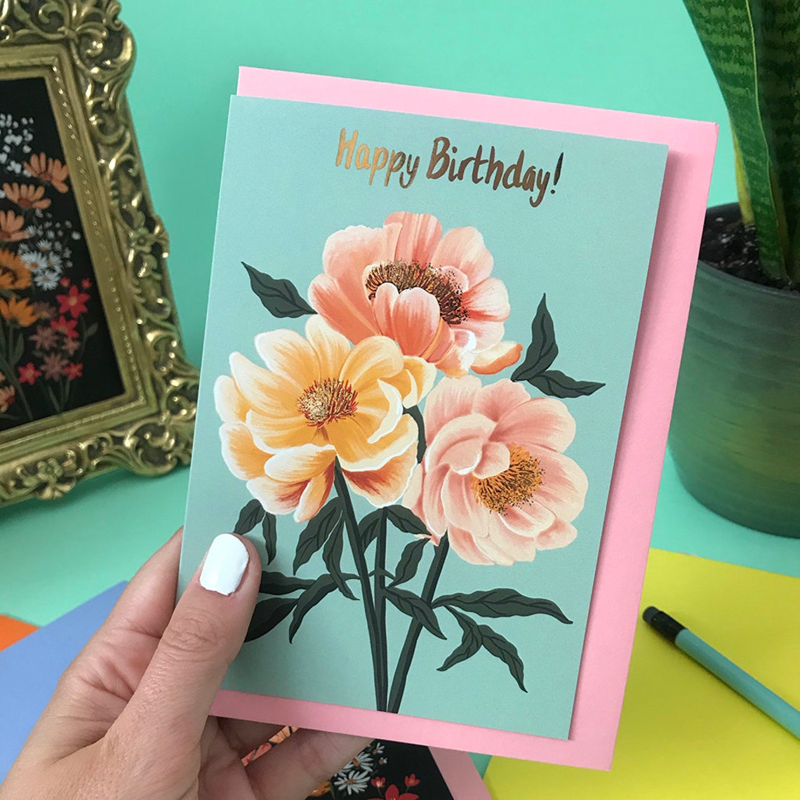 Happy Birthday Peonies Card, Peonies Greeting Card, Beautiful Floral ...