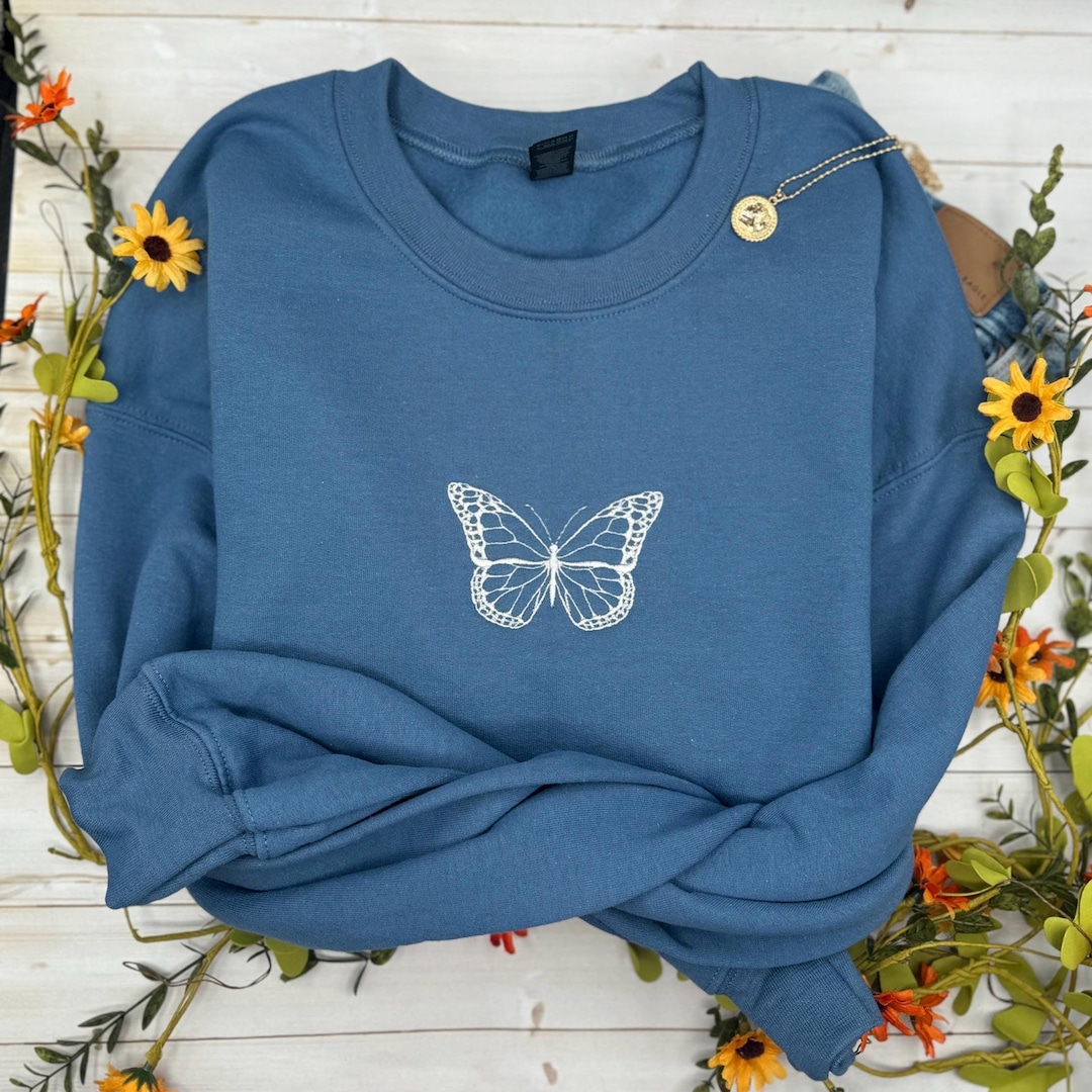 Butterfly Sweatshirt, Embroidered Butterfly Crewneck, Butterfly ...