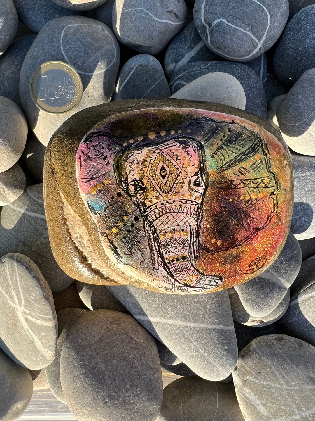 Elephant Africa Hand-painted Stone With Acrylic Paint Lucky Charm ...