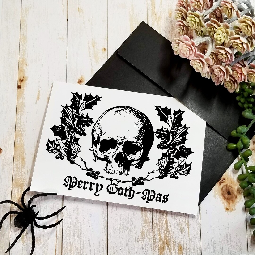 CHRISTMAS CARD | 5X7 Gothic Greeting Card | Skull & Holly Merry Goth ...