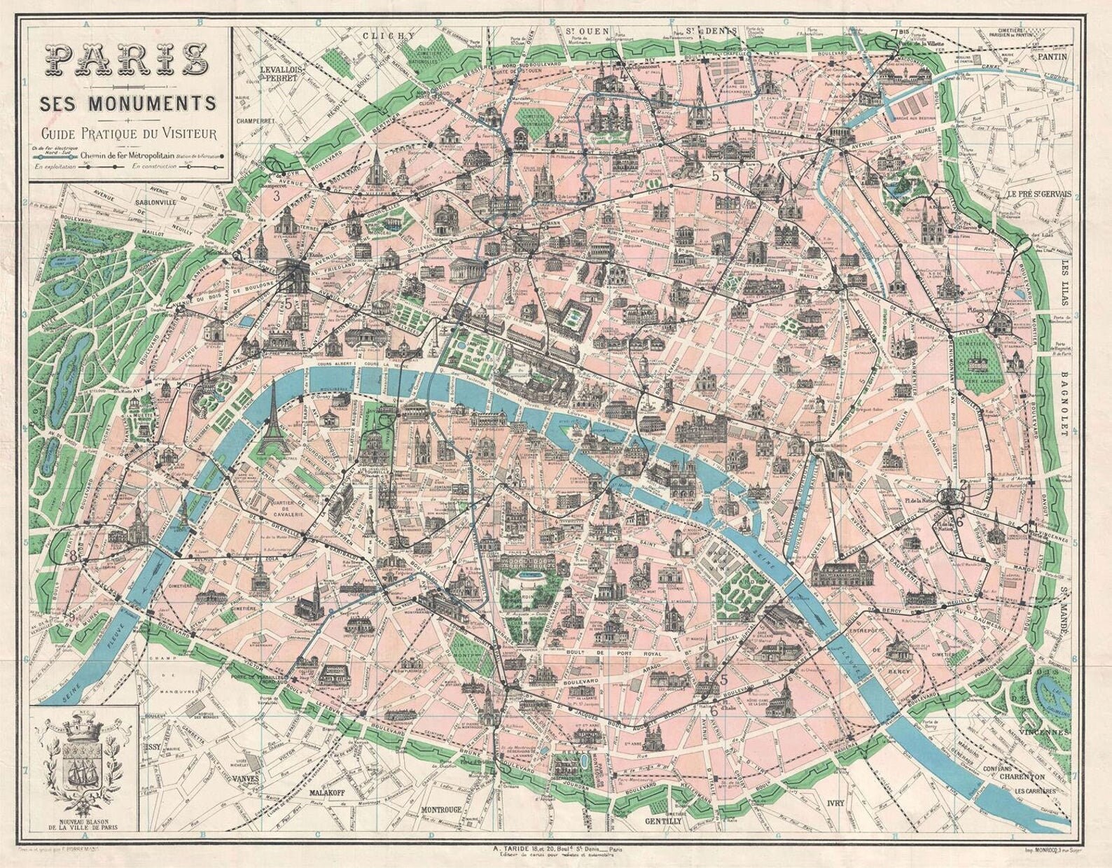 1925 Old Map of Paris Monuments Map Visitor Map Fine - Etsy