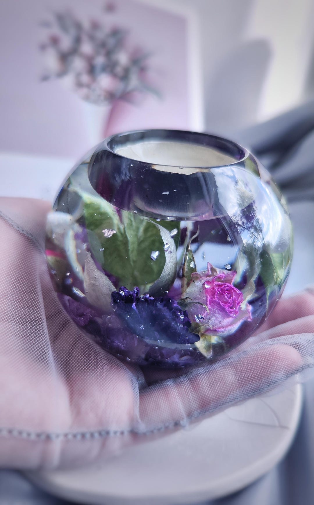 Epoxy Resin Orb Tea Light Holder: Dried Rose Floral Decor - Etsy