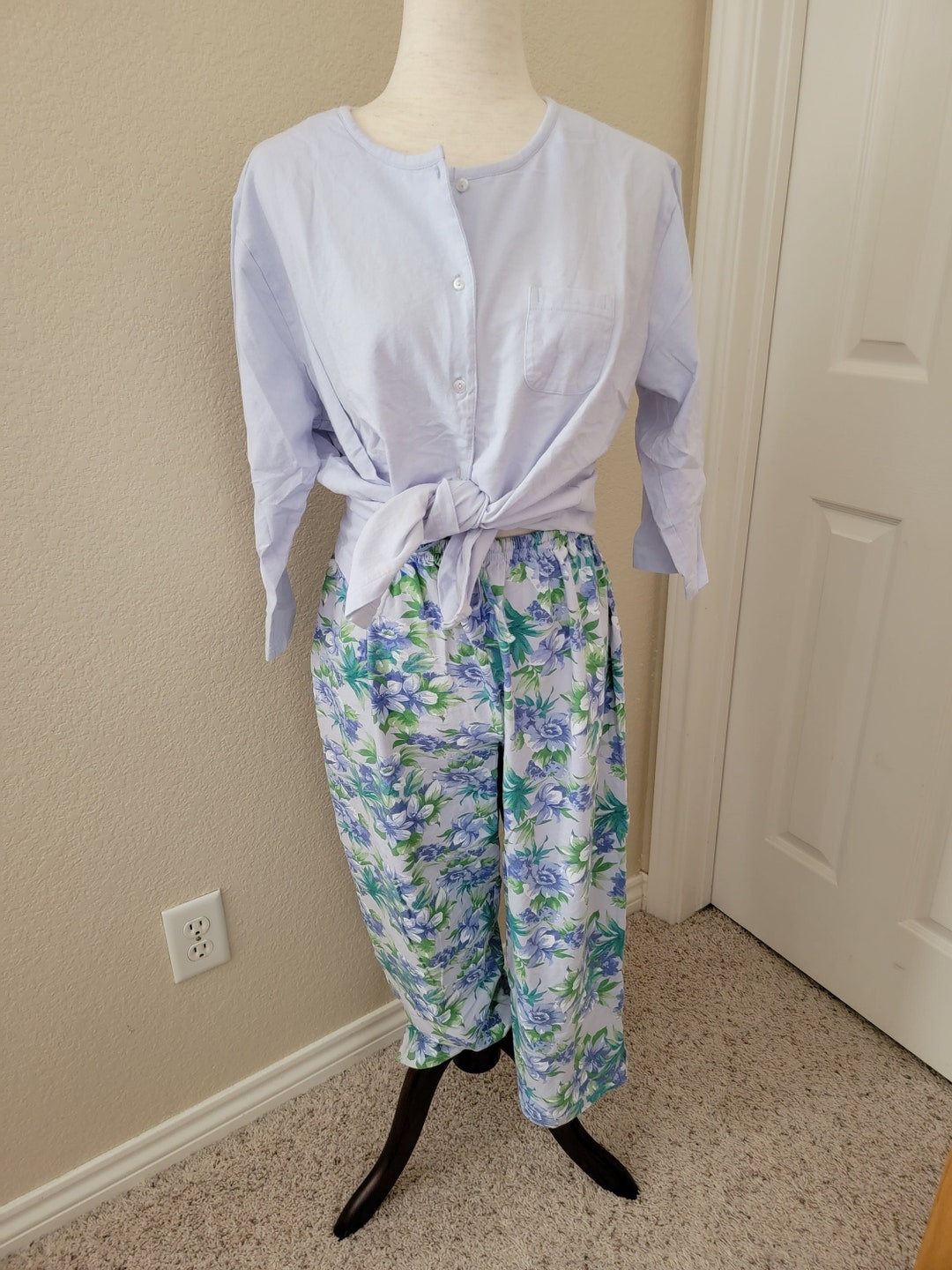 Rare Vintage 1990s Carole Hochman Periwinkle Floral Cropped Pajama Set ...