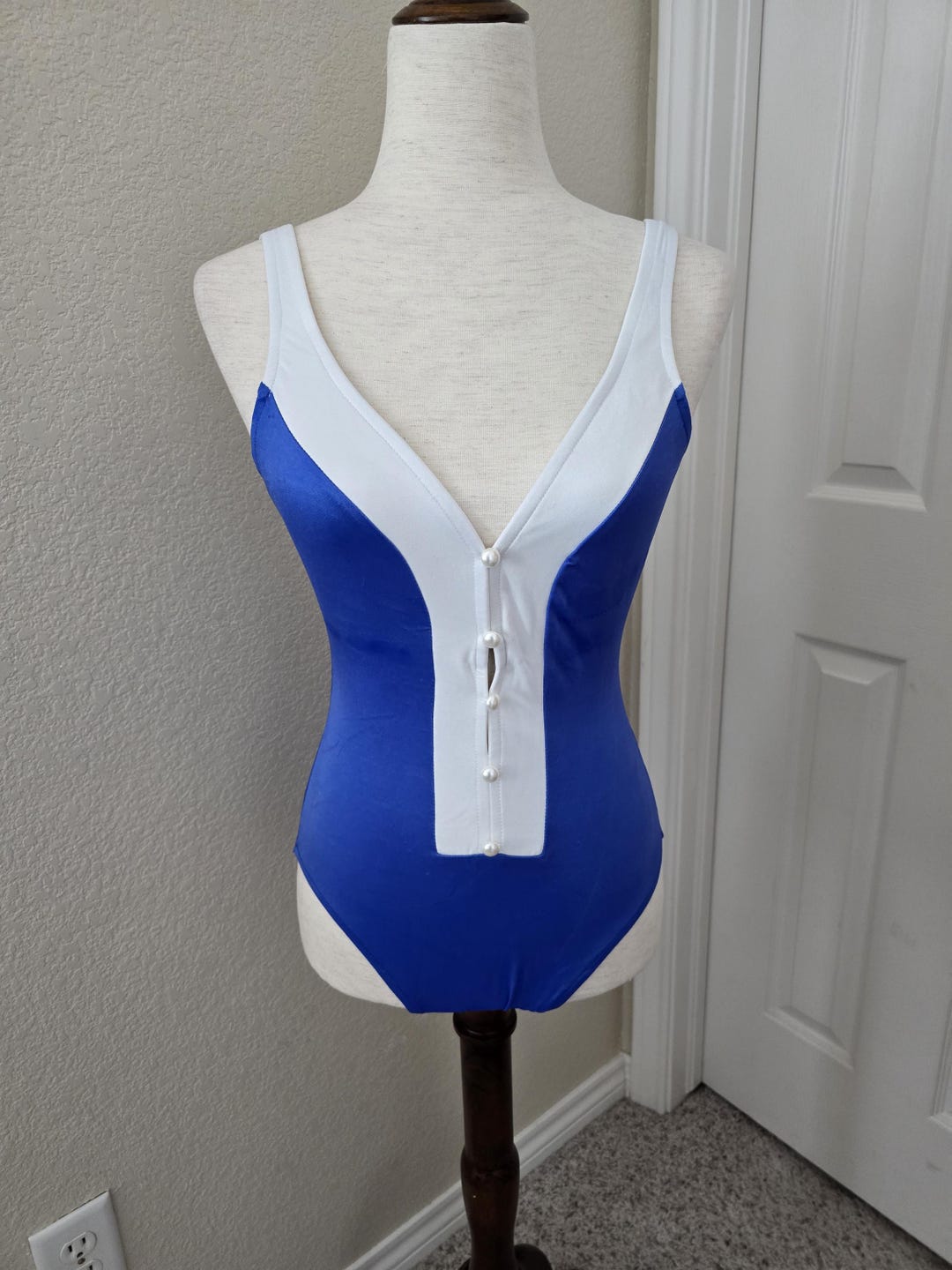 Vintage 1980's Gabar Brand Shimmer Blue and White One Piece Faux Button ...
