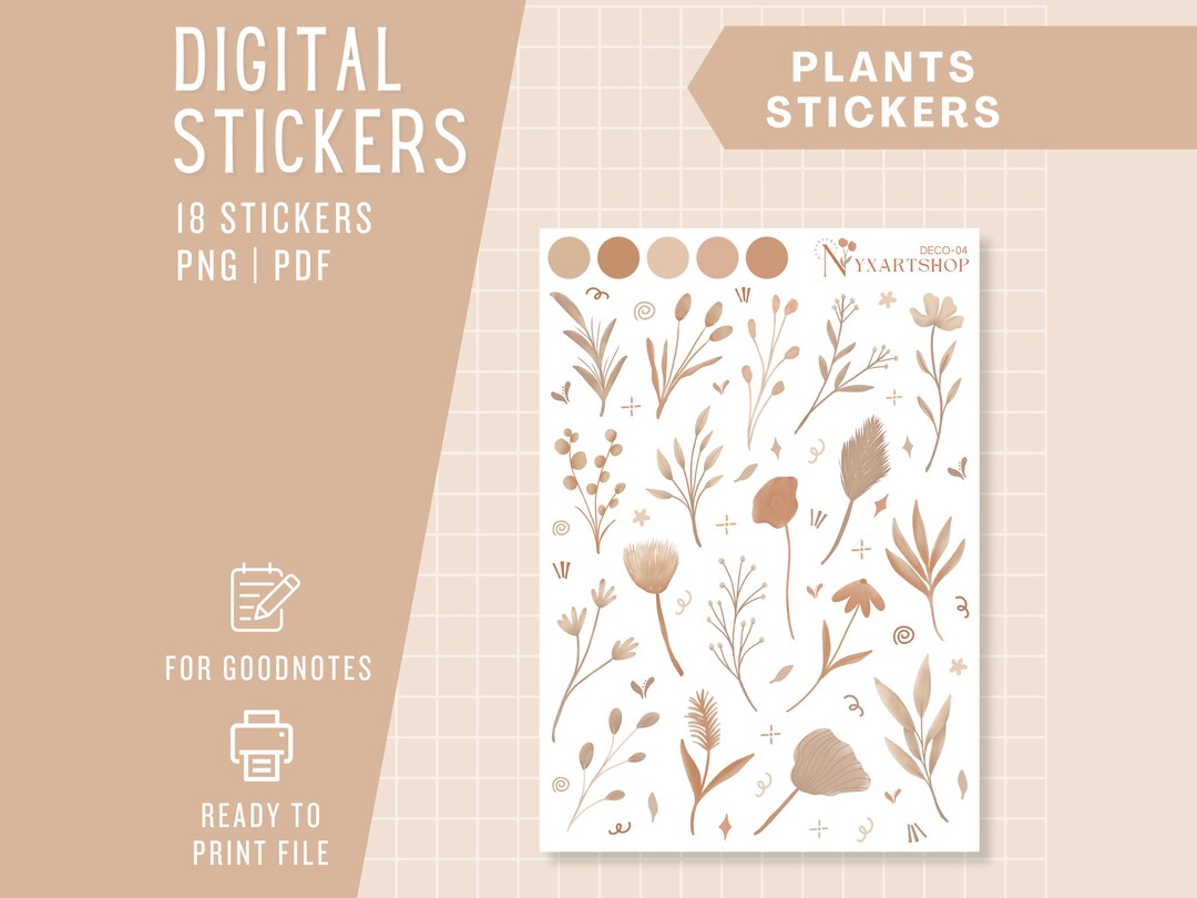 Floral Brown Plants, Handrawn Plants, Leaves Stickers, Digital Stickers ...