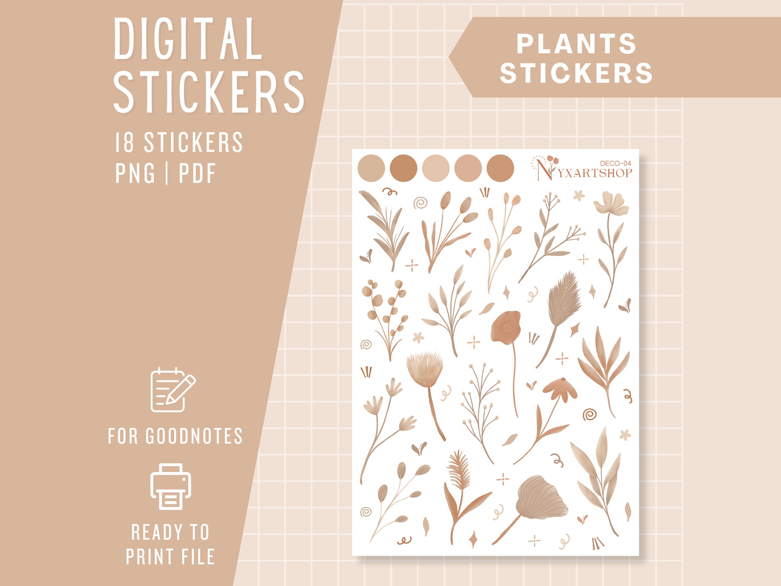 Floral Brown Plants, Handrawn Plants, Leaves Stickers, Digital Stickers ...