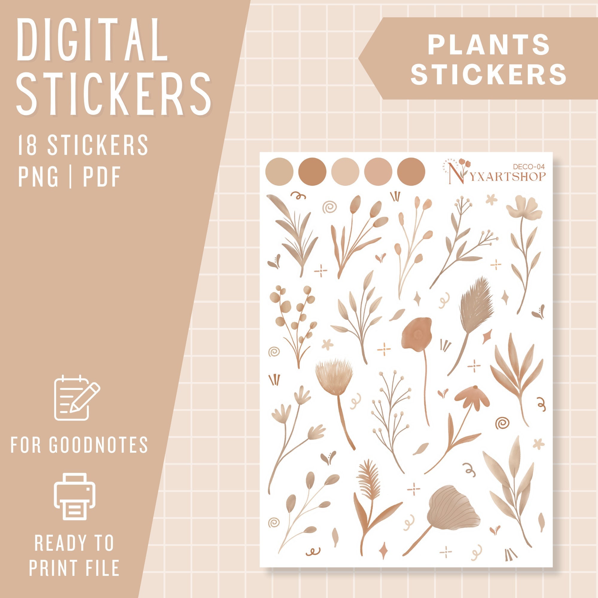 Floral Brown Plants, Handrawn Plants, Leaves Stickers, Digital Stickers ...
