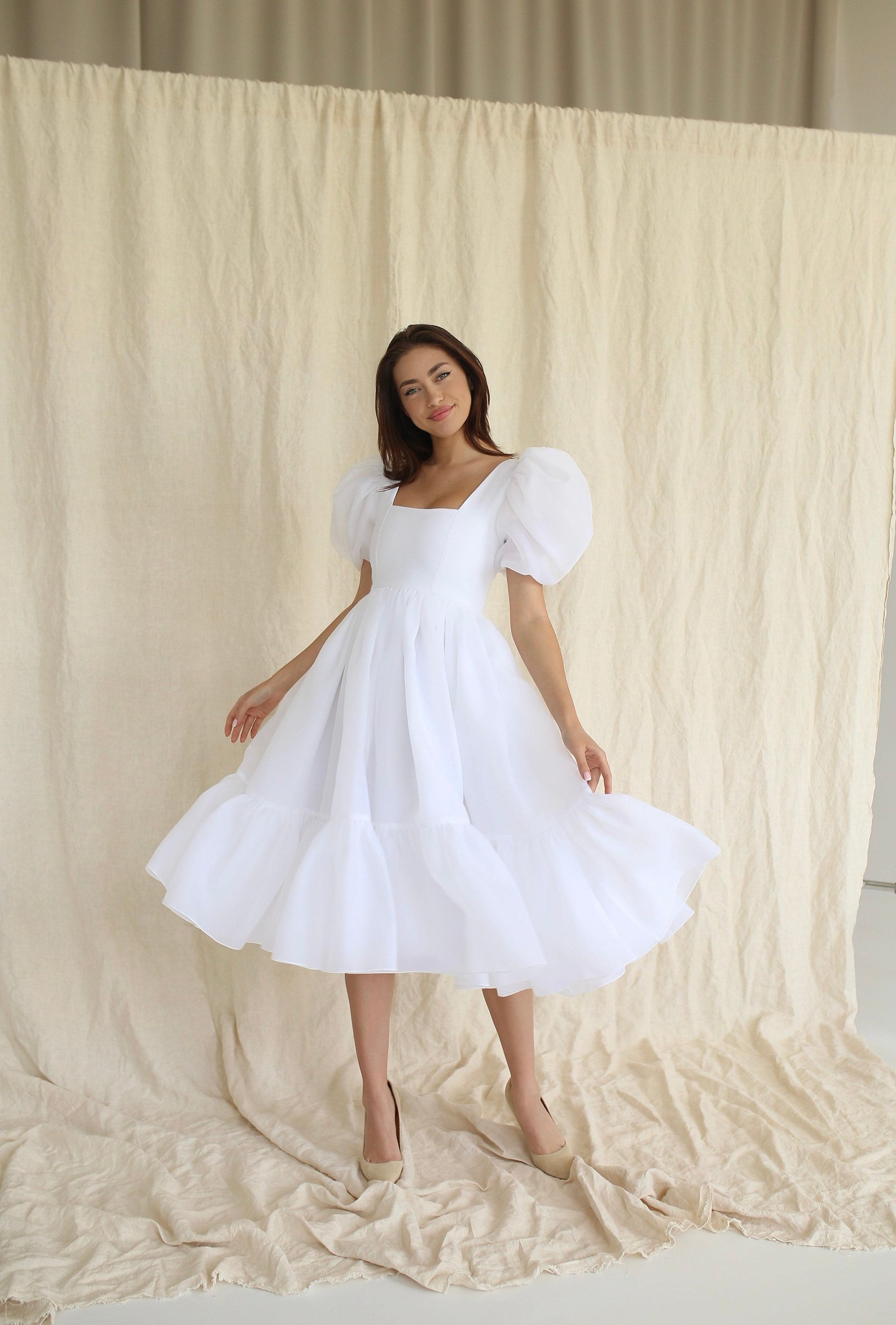 Maria Dress Midi Wedding Dress Organza Puff Sleeves Bridal - Etsy