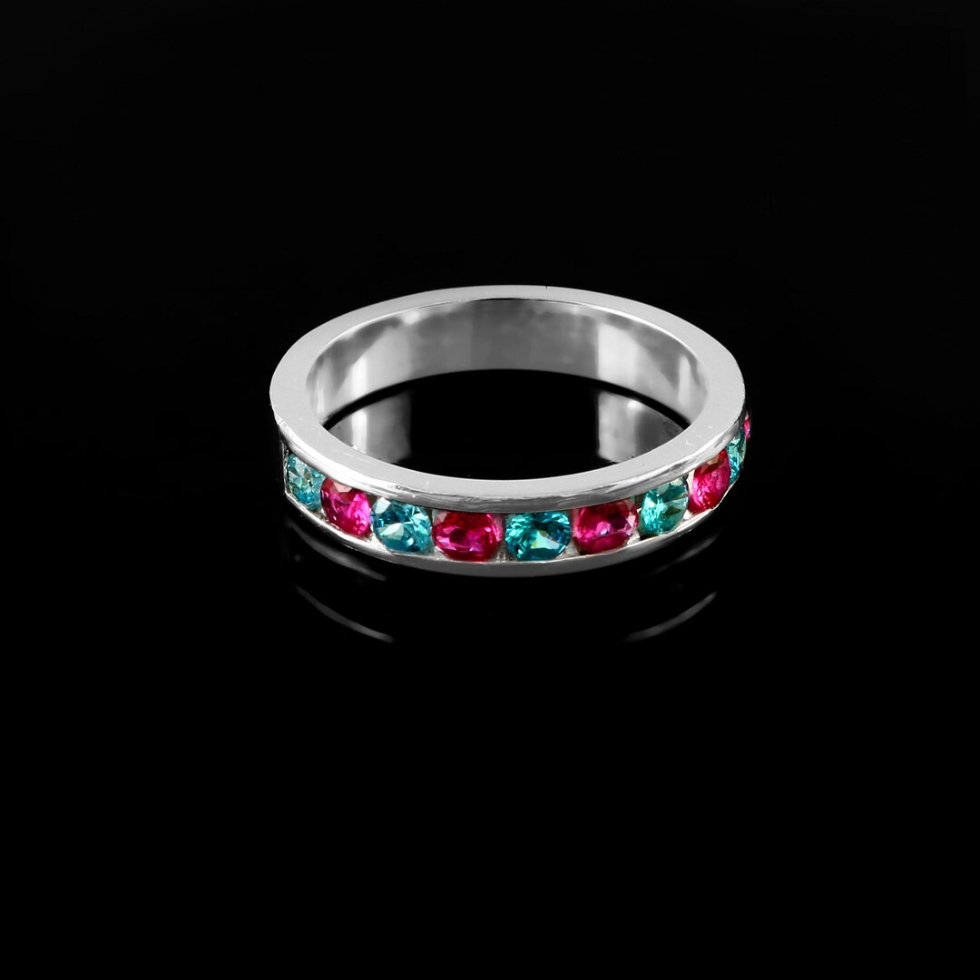 Flush Setting Ruby Eternity Wedding Band Round Blue Topaz Classic Women ...