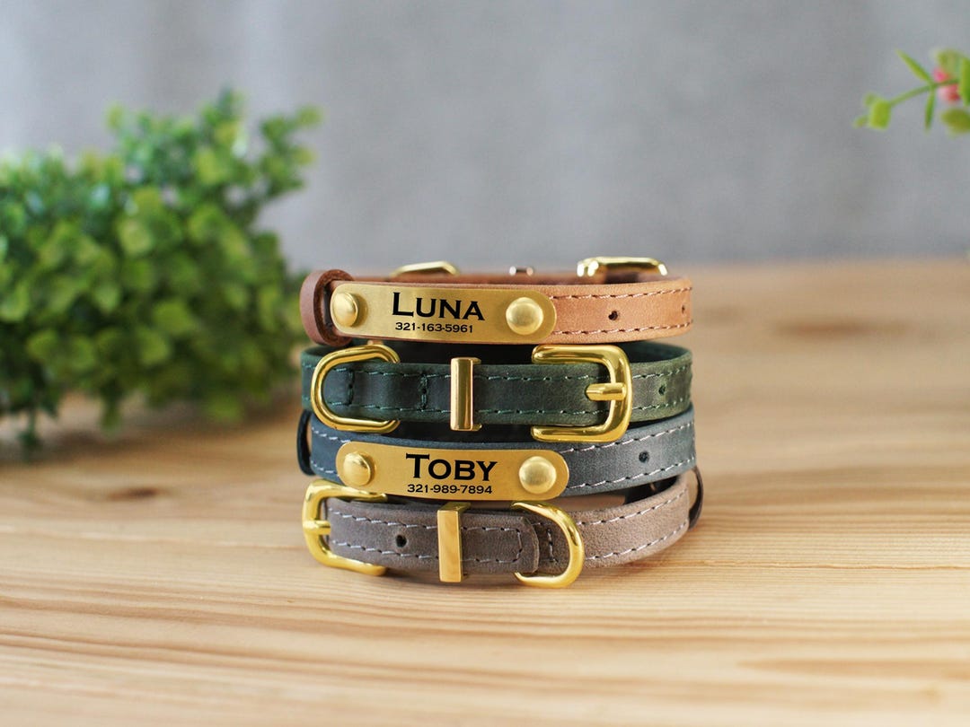 Soft Leather Cat Collar With Name ID Plate, Custom Engraved Cat Collars ...