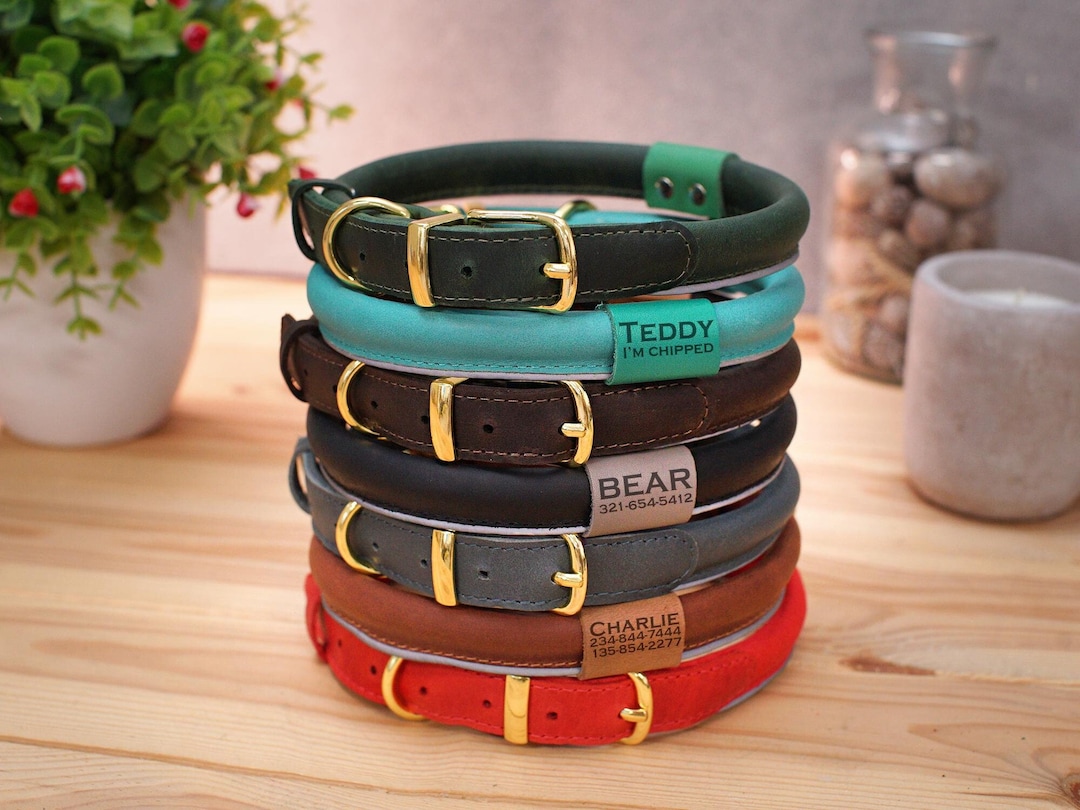 Rolled Leather Dog Collar With Soft ID Name Bead, Personalized ...